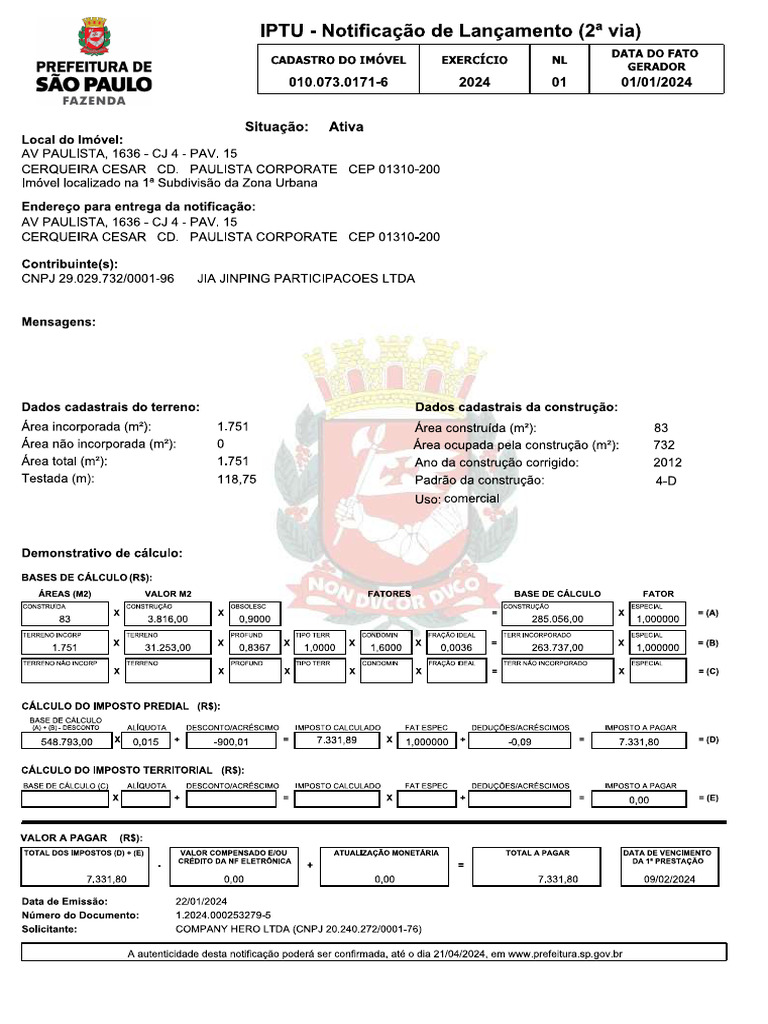Iptu 2024 Paulista | PDF