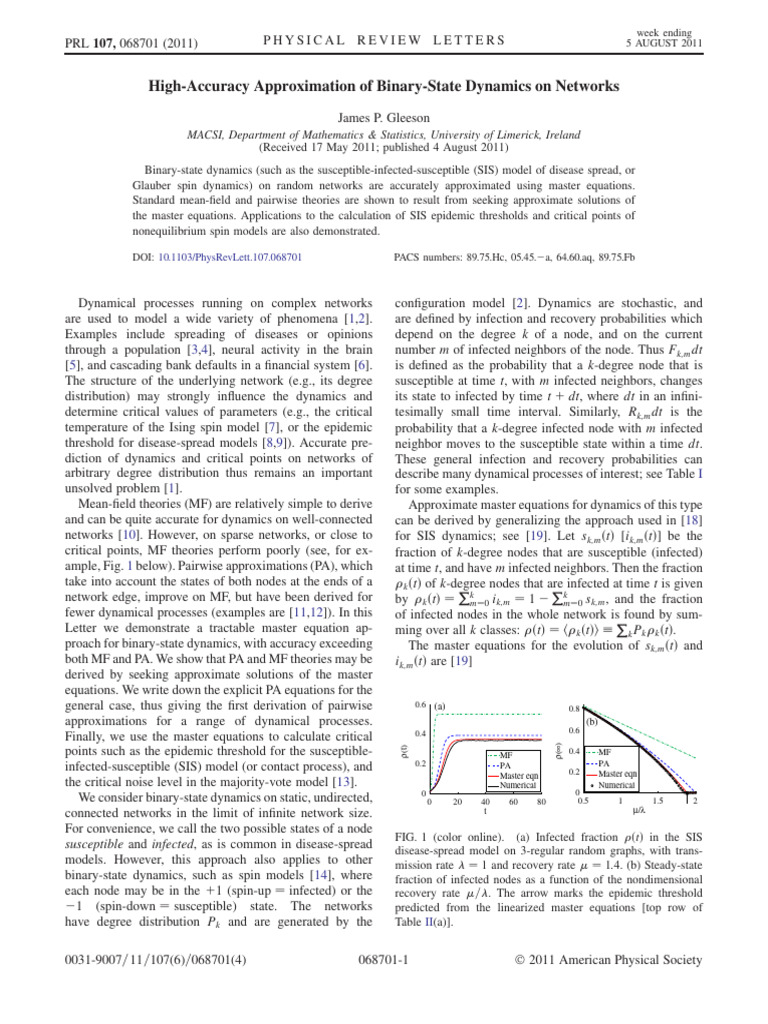 Gleeson11 PRL High-Accuracy Approximation of Binary-State Dynamics On Networks 107 068701 | PDF ...