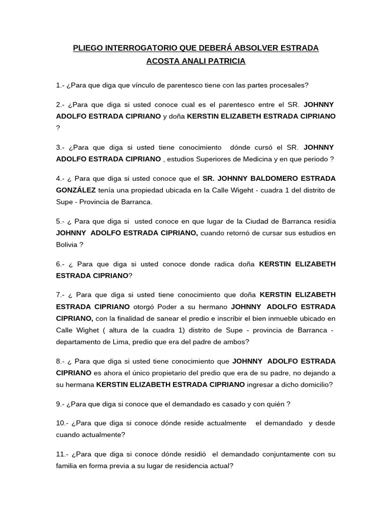 Pliego Interrogatorio Que Deberá Absolver Estrada Acosta Anali Patricia