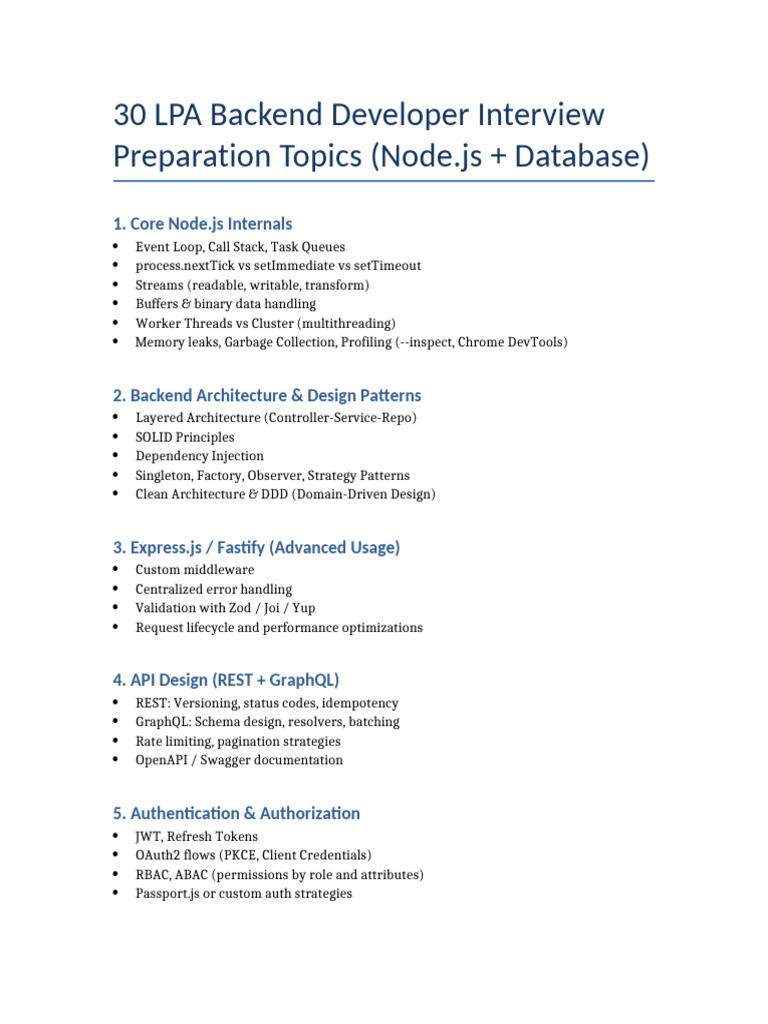 30 LPA Node Backend Interview Topics | PDF | Cache (Computing) | Postgre Sql