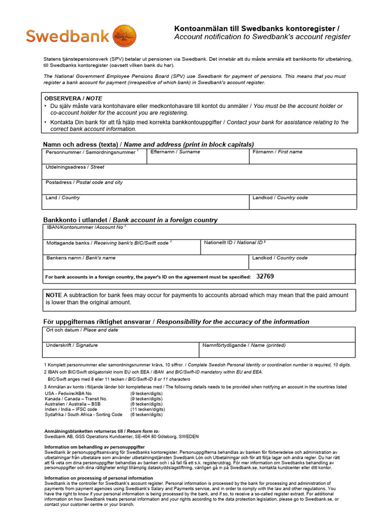 Swedbank Notification of Account Number For Pensions | PDF