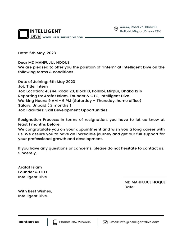 Internship Offer at Intelligent Dive | PDF