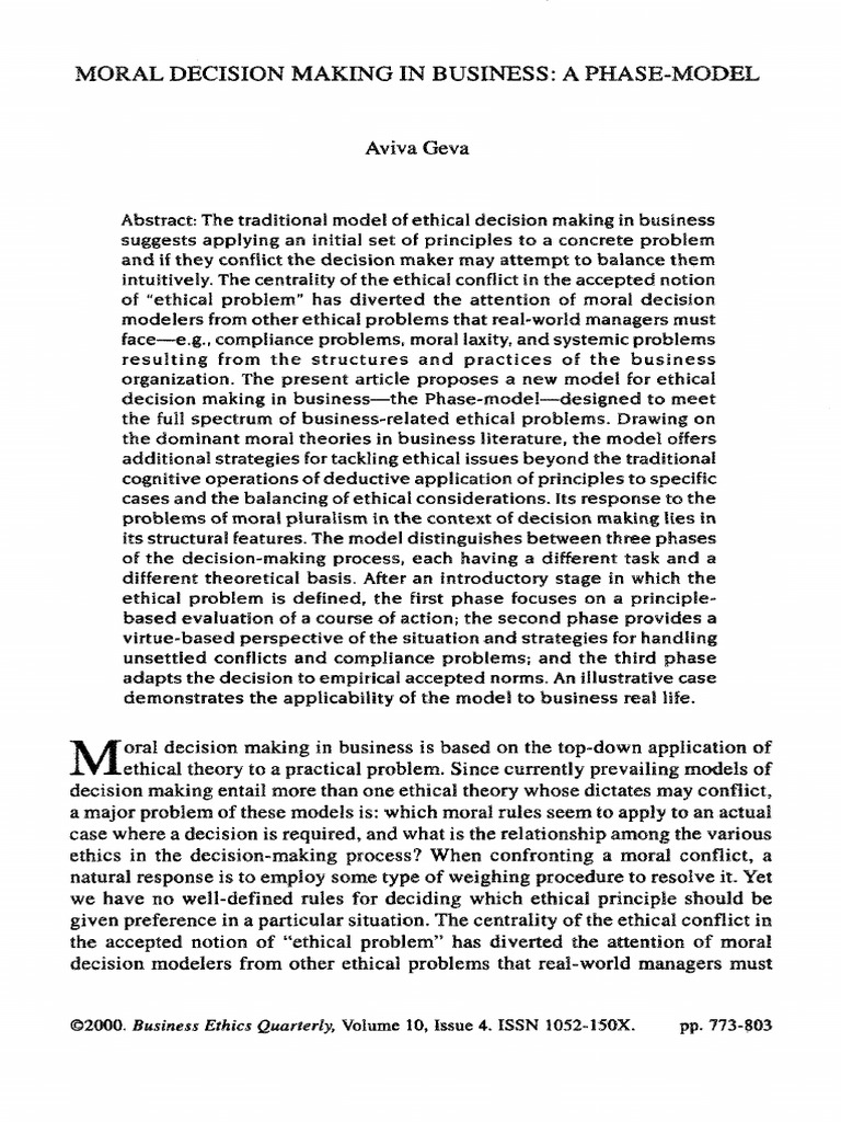 Moral Decsion Making in Business A Phase Model GEVA-1 | PDF | Morality ...