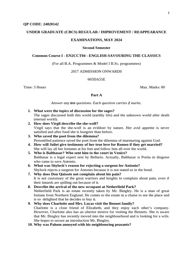 Savouring The Classics - Answer Key | PDF | Odysseus | Romeo And Juliet