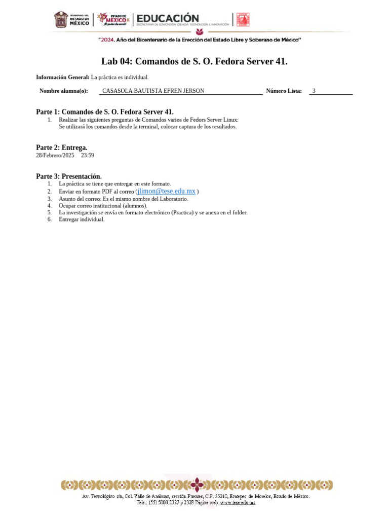 Lab04 - 15701 - 2025-1 - AdministracionServidores - Comandos de SO Fedora Server 41 - 03-CBEJ ...
