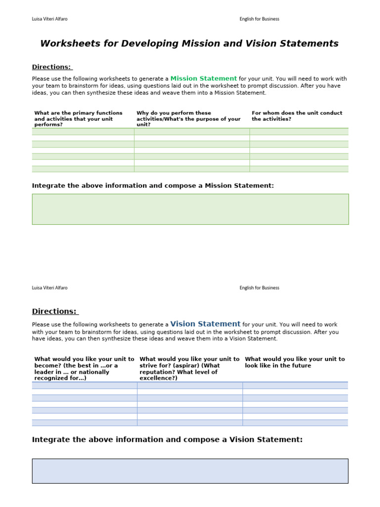 Week 5 - Worksheets For Developing Mission and Vision Statements | PDF
