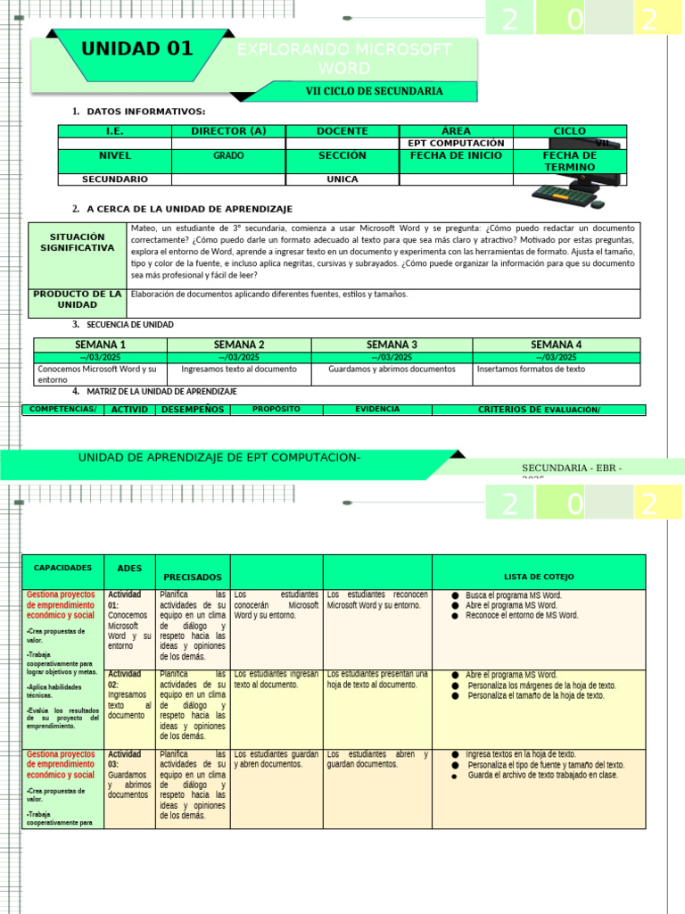 3°4° Ept Computacion Unidad 1-2025 | PDF | Aprendizaje | Microsoft Word