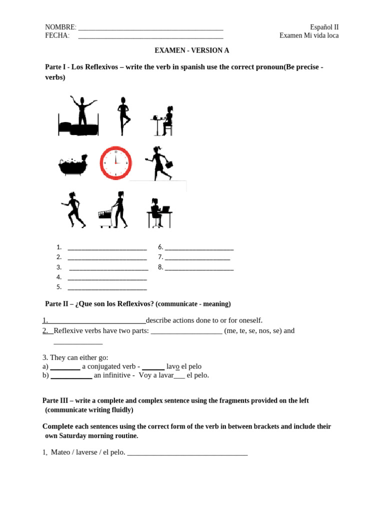 Examen de Verbos Reflexivos en Español | PDF | Grammatical Conjugation ...