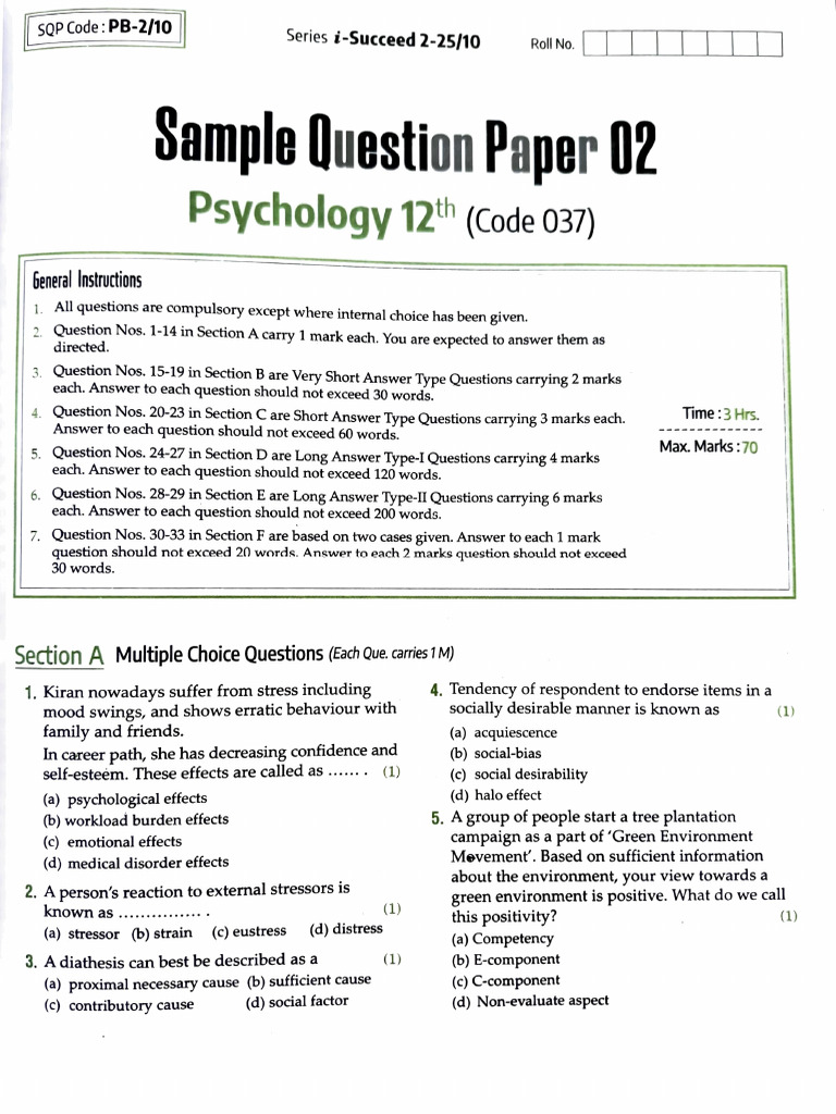 Psychology Sample Paper 4 | PDF | Psychotherapy | Stress (Biology)