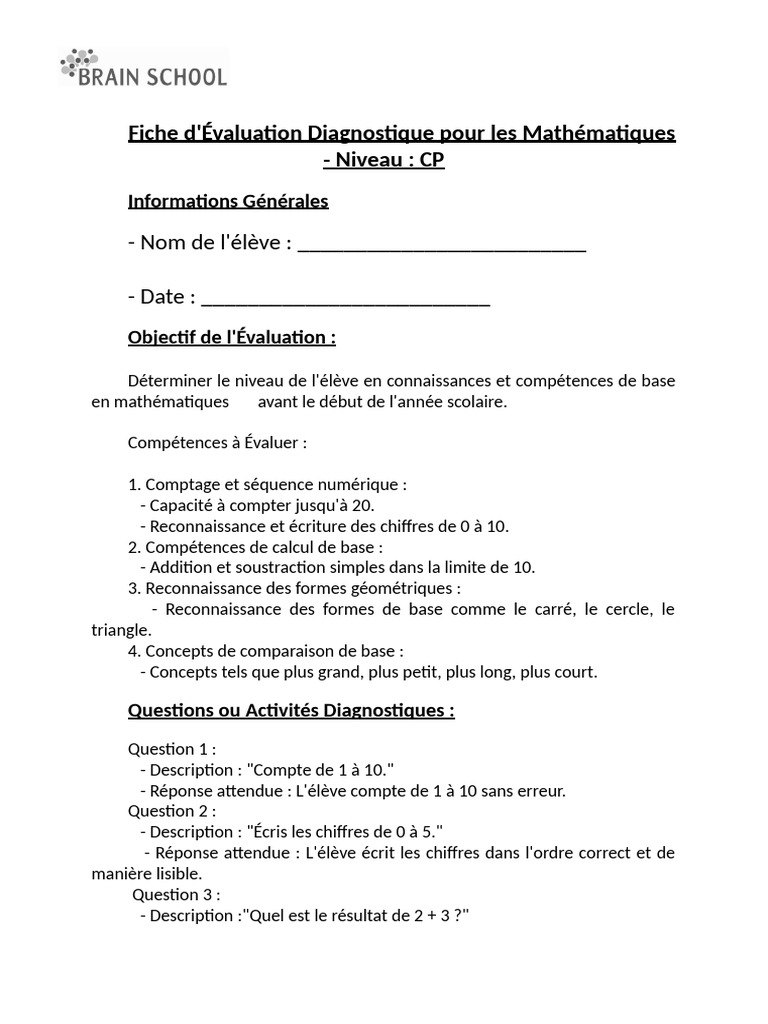 Fiche D'évaluation Diagnostique CP | PDF