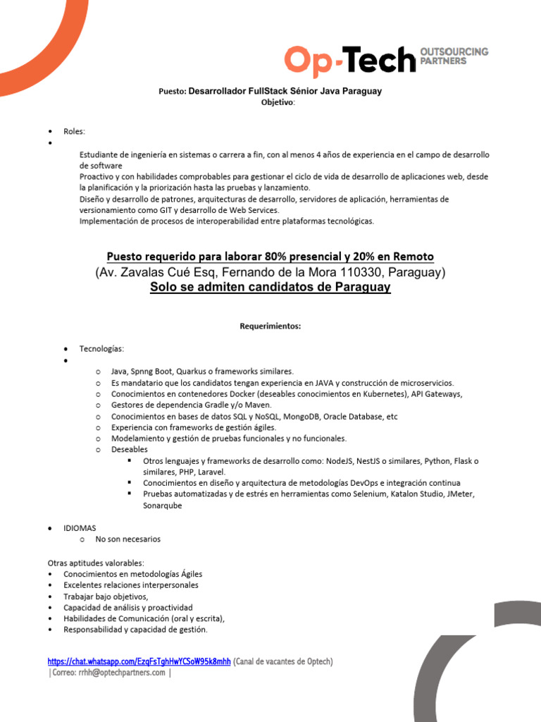 Desarrollador FullStack Sénior Java Paraguay | PDF | Java (lenguaje de ...