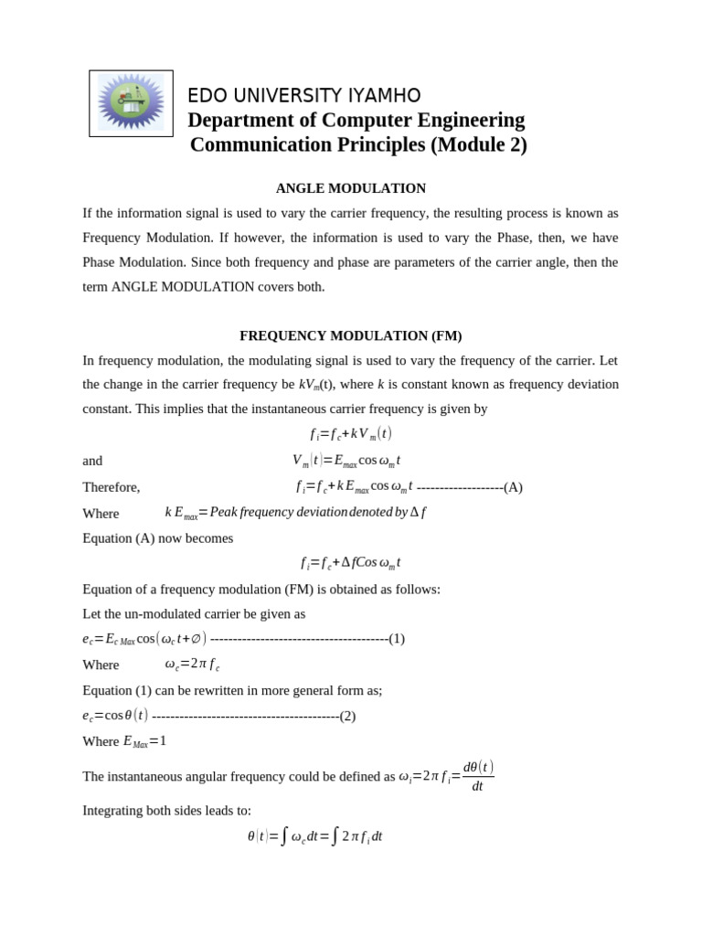 CPE 312 Communication Principles Module 2 | PDF | Frequency Modulation | Detector (Radio)