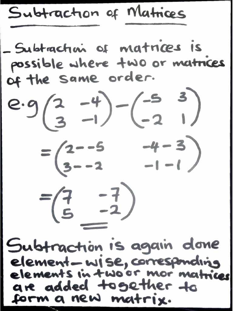 Subtraction of Matrices Notes | PDF