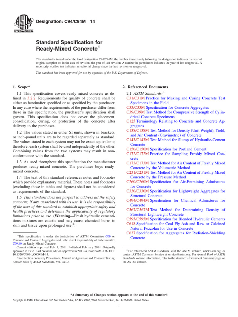 ASTM C 94 Ready-Mixed Concrete | PDF | Concrete | Weighing Scale