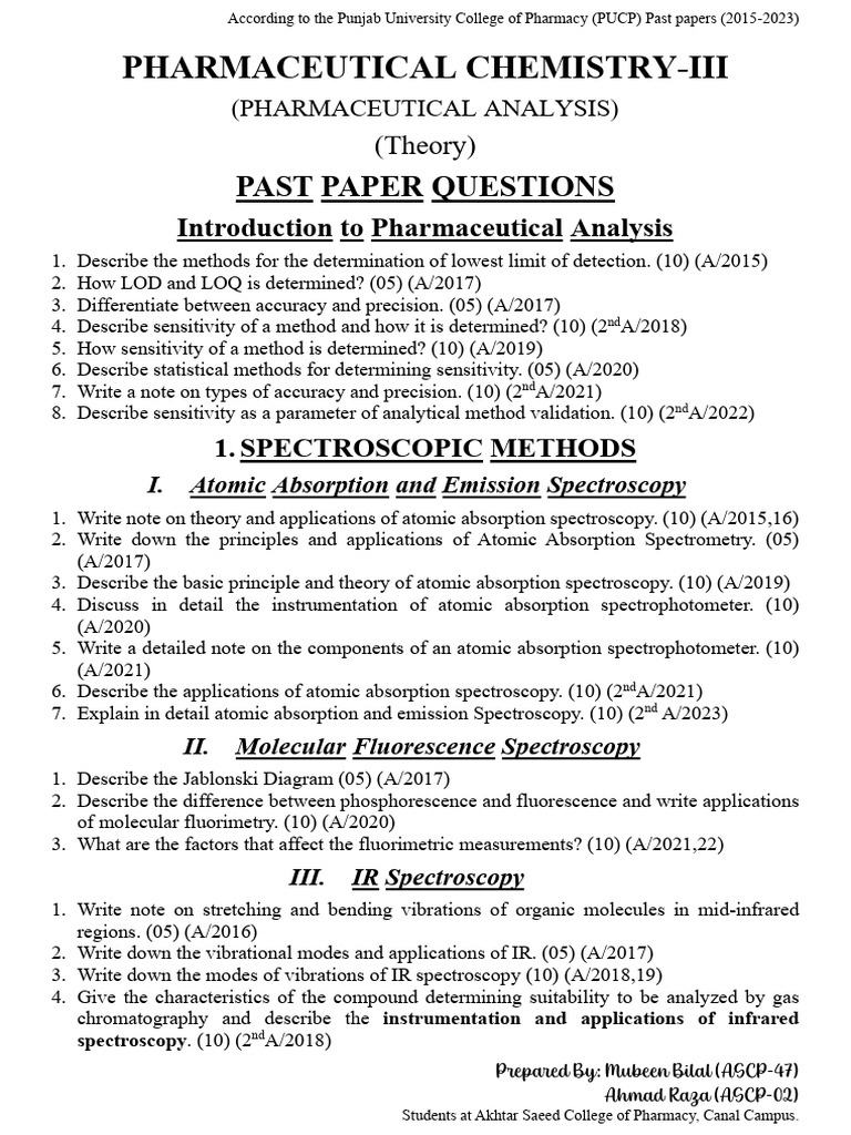 5. PHARMACEUTICAL CHEMISTRY-III (Pharmaceutical Analysis) Arranged Past Papers | PDF | Infrared ...