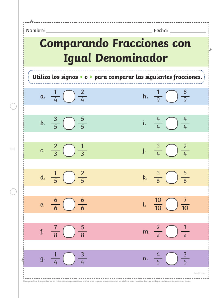Fracciones Comparar Igual Denominador | PDF