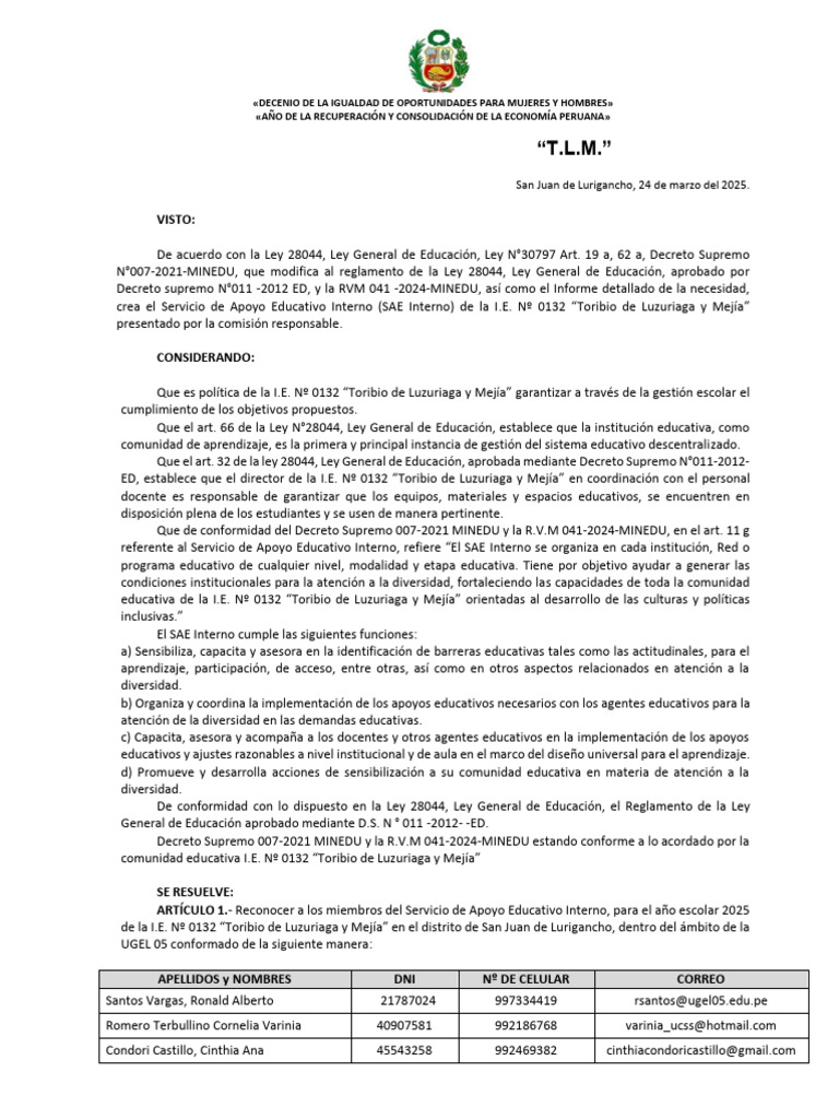 RD Nº27 - 2025 - Conformacion SAEI | PDF | Aprendizaje