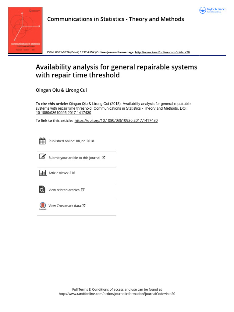 Availability Analysis For General Repairable Systems With Repair Time Threshold | PDF | Applied ...