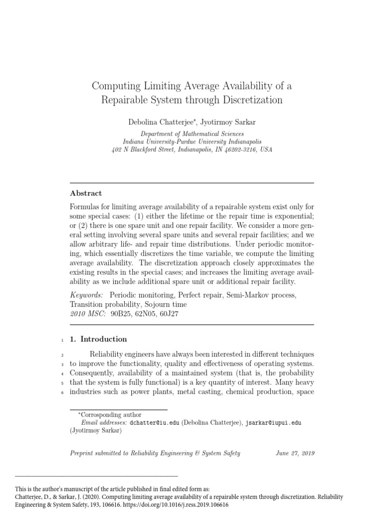 Computing Limiting Average Availability of A Repairable System Through Discretization | PDF ...