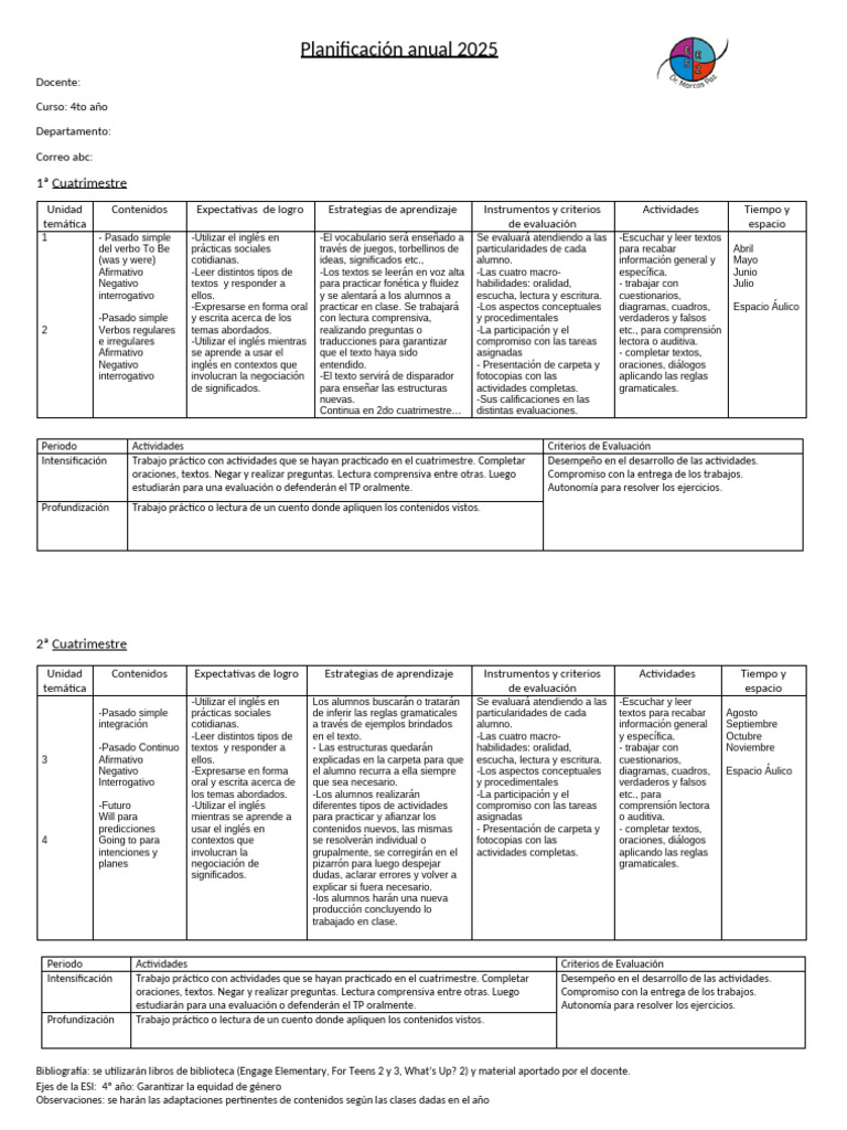 Planificación Anual 4to Año | PDF | Lingüística | Aprendizaje