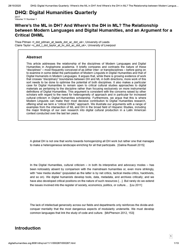Pitman Taylor Critical - DH | PDF | Humanities | Interdisciplinarity