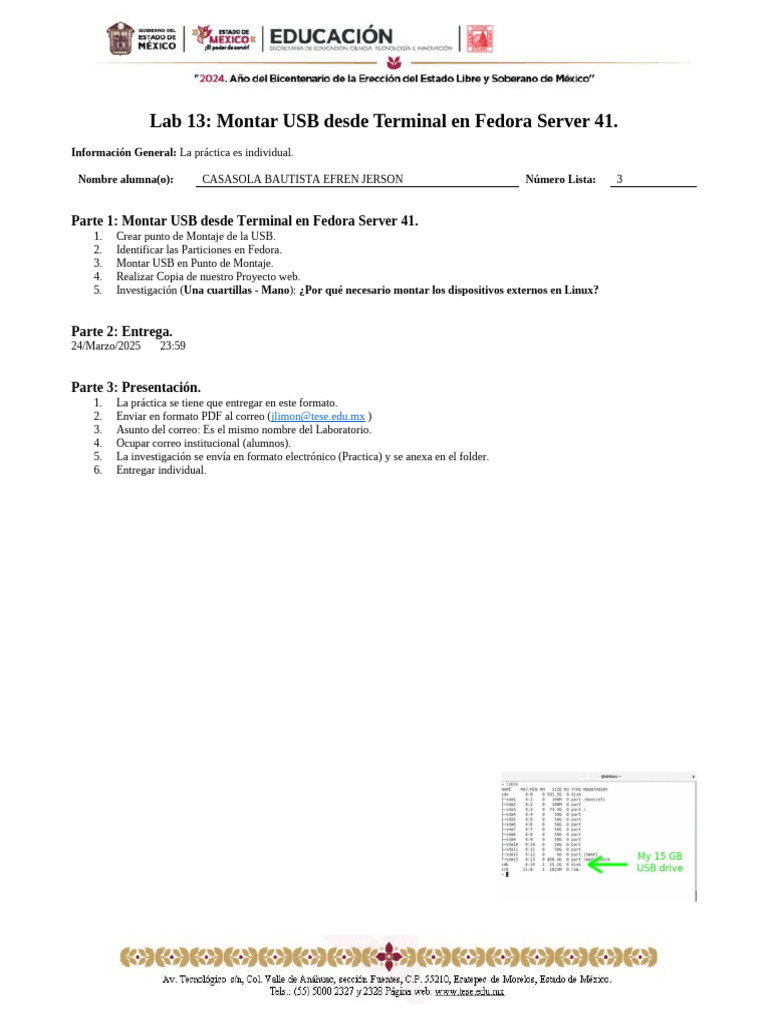 Lab13 - 15701 - 2025-1 - AdministracionServidores - Montar USB Desde Terminal en Fedora Server ...
