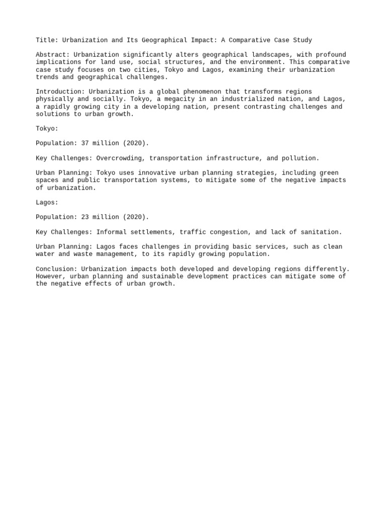 Comparative Case Study On Urbanization and Its Impact On Geography | PDF