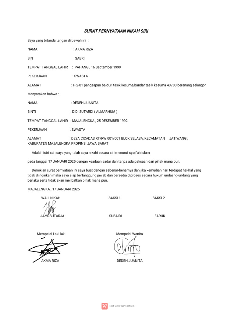 Sijil Pernyataan Nikah Siri 17 - 1 - 2025 | PDF