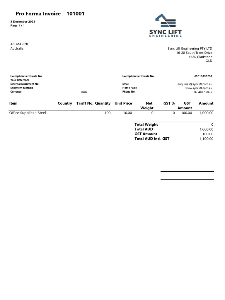 Pro Forma Invoice for Sync Lift Engineering | PDF