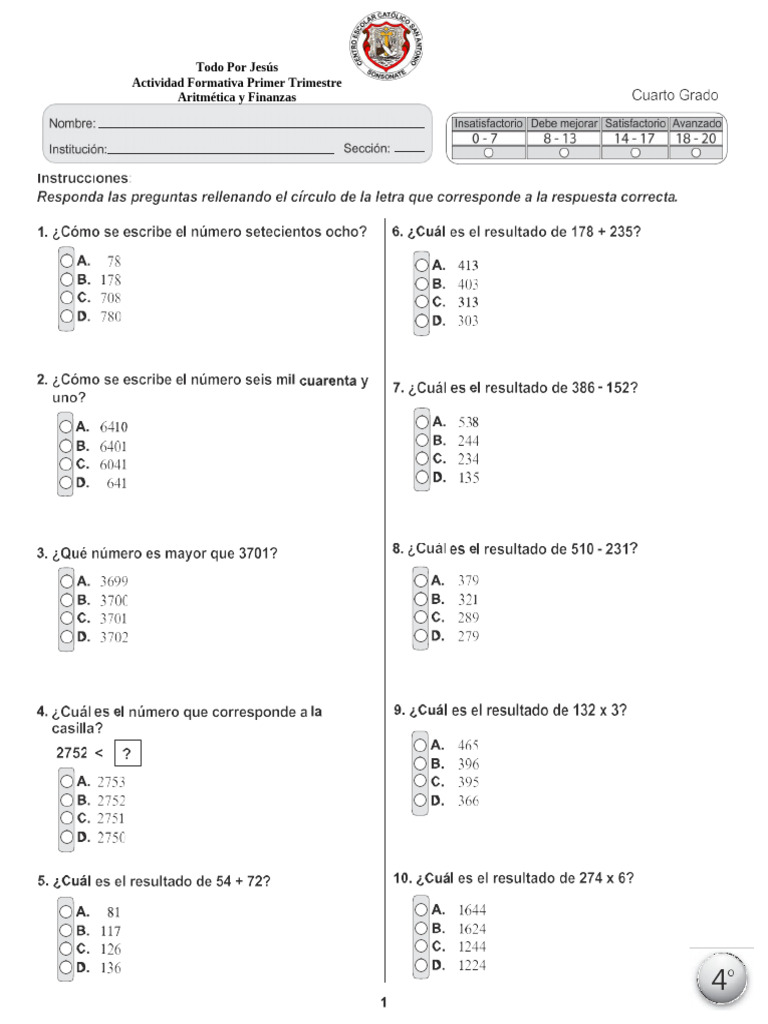 Prueba Diagnóstica 4º Matemáticas (2011) | PDF