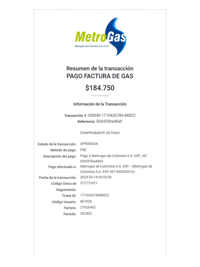 Pagos en Línea - MetroGas de Colombia S.A. E.S.P | PDF