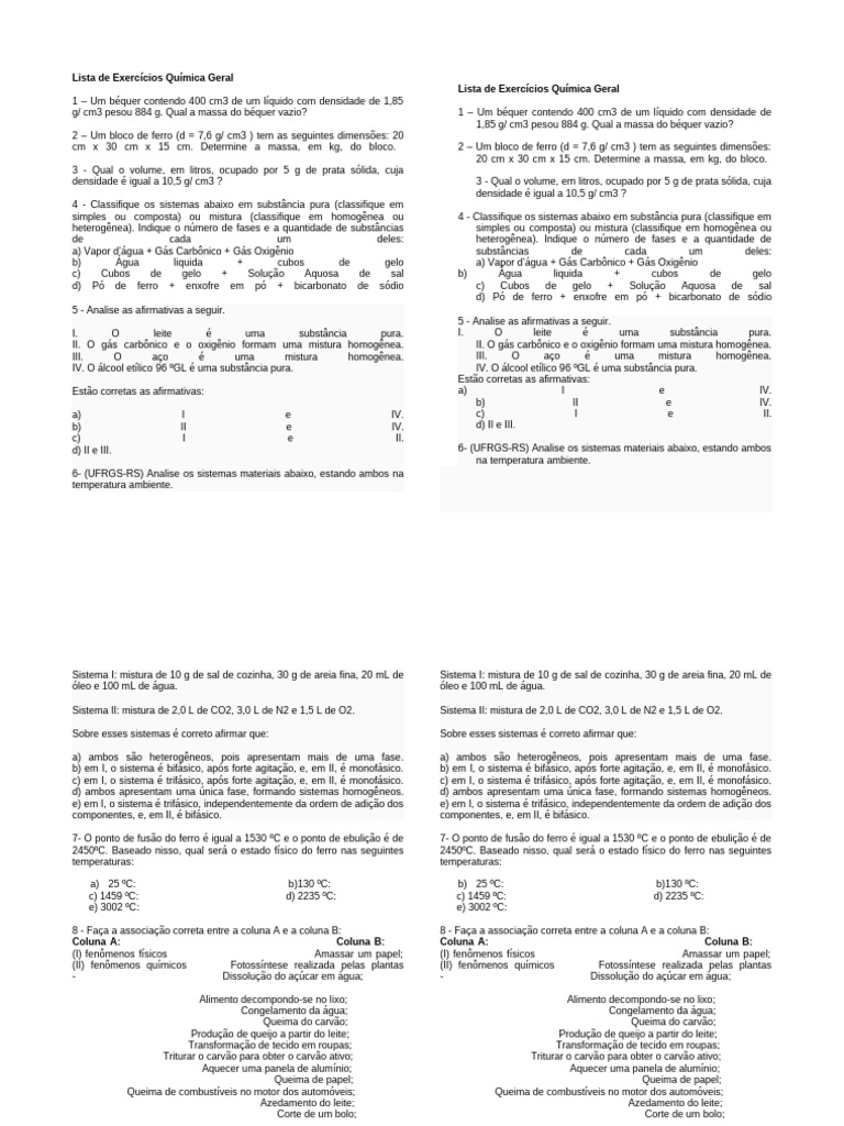 02-04 Lista de Exercicios QG1 | PDF | Mistura | Densidade