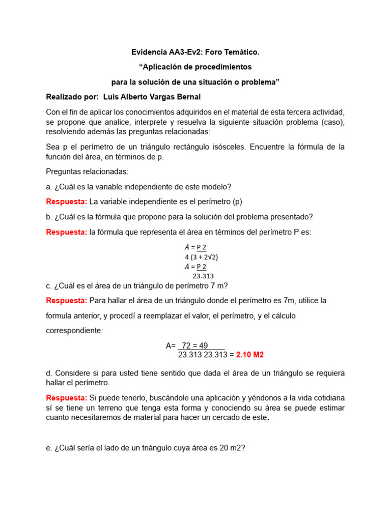Evidencia AA3 Ev2 Foro Temático | PDF | Triángulo | Variable (Matemáticas)