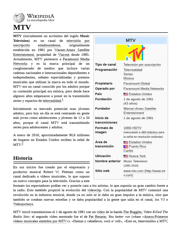 Historia: MTV Music Television | PDF | Mtv | Televisión