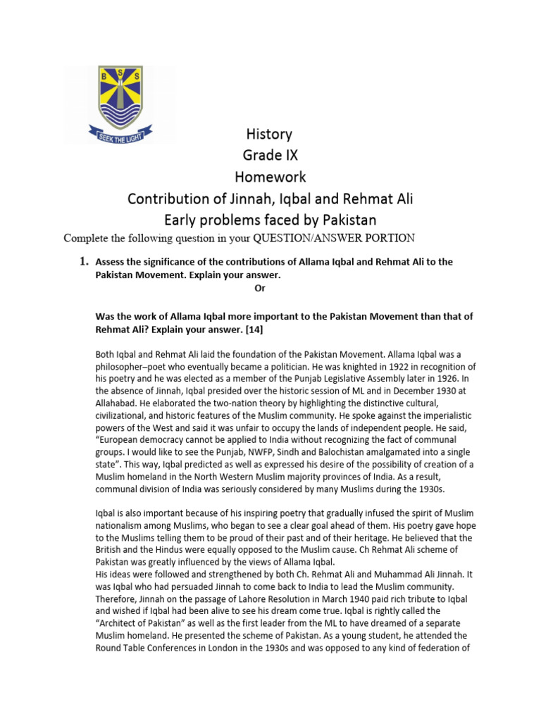 History Homework Chapter 10 and 11 | PDF | Muhammad Ali Jinnah ...