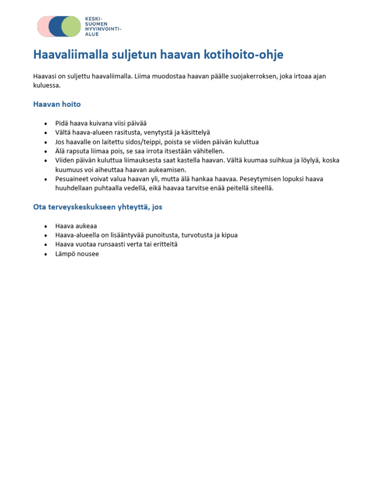Haavaliimalla Suljetun Haavan Kotihoito-Ohje | PDF