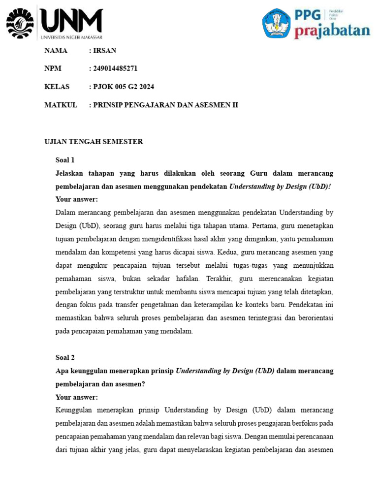 Uts - Prinsip Pengajaran Dan Asesmen Ii - Irsan | PDF
