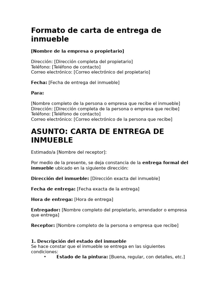 Formato de Carta de Entrega de Inmueble | PDF