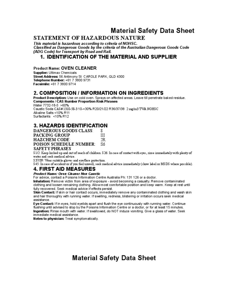 MSDS Oven Cleaner Caustic Commercial Grade | PDF | Dangerous Goods ...