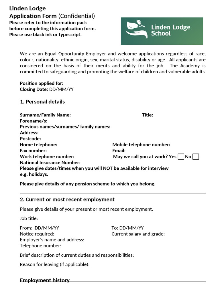 Linden Lodge Job Application Form | PDF | Justice | Crime & Violence
