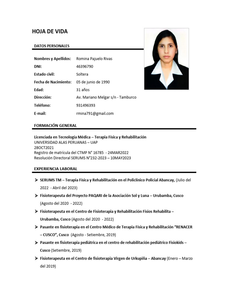 CV - Romina Pajuelo Rivas - 2023 | PDF | Terapia física | Quiropráctica