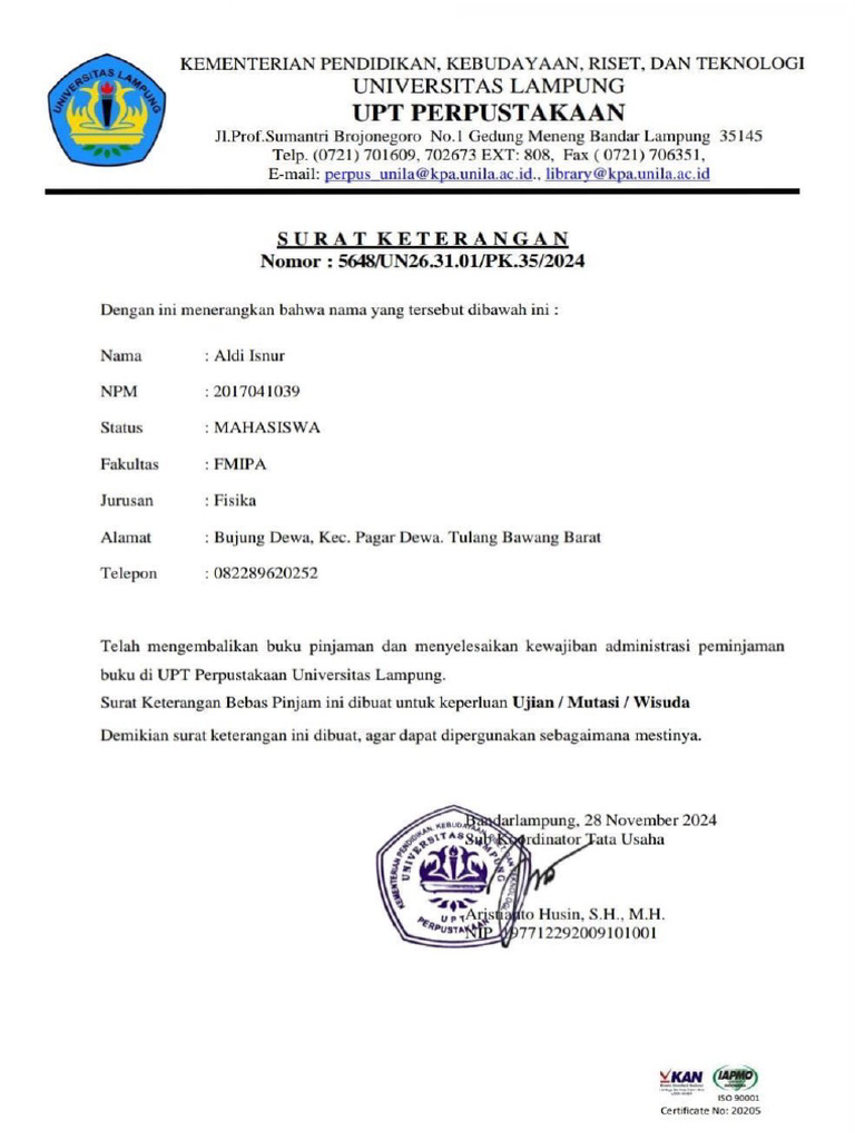 Surat Keterangan Bebas Pustaka-Aldi Isnu | PDF