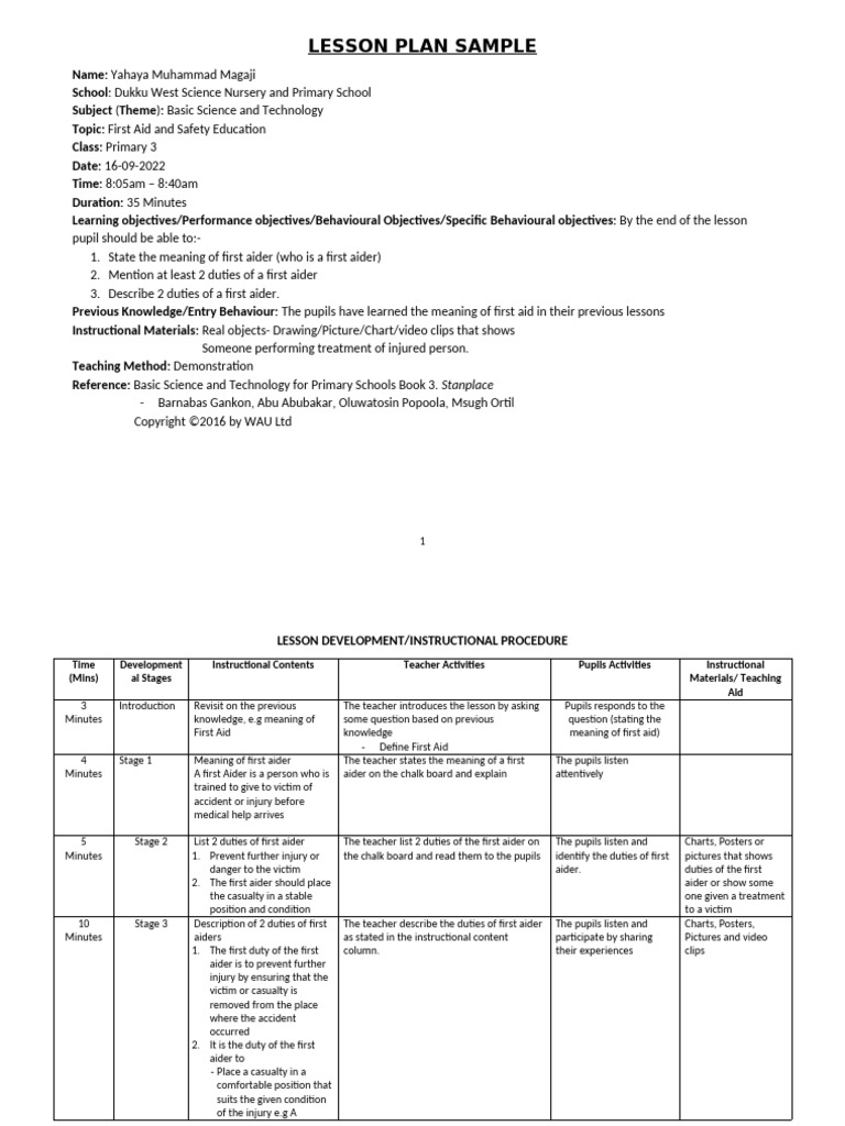 Lesson Plan Sample Basic Sci-4 | PDF | First Aid | Lesson Plan