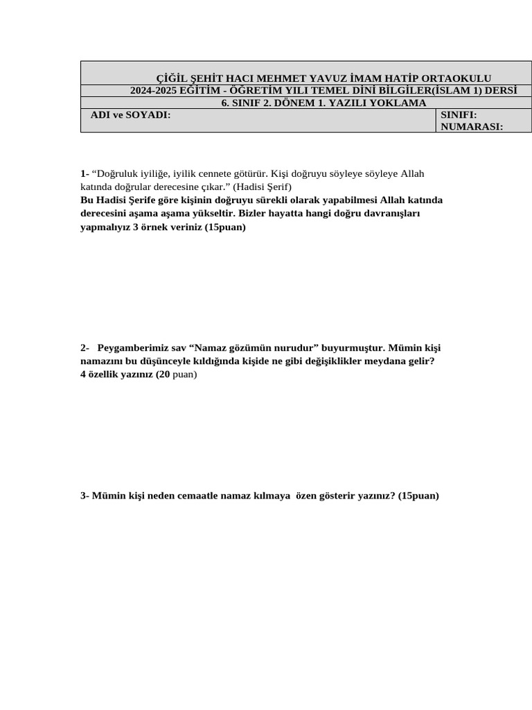 6 TDB (İslam1) 2.1 Cevap Anahtarli | PDF