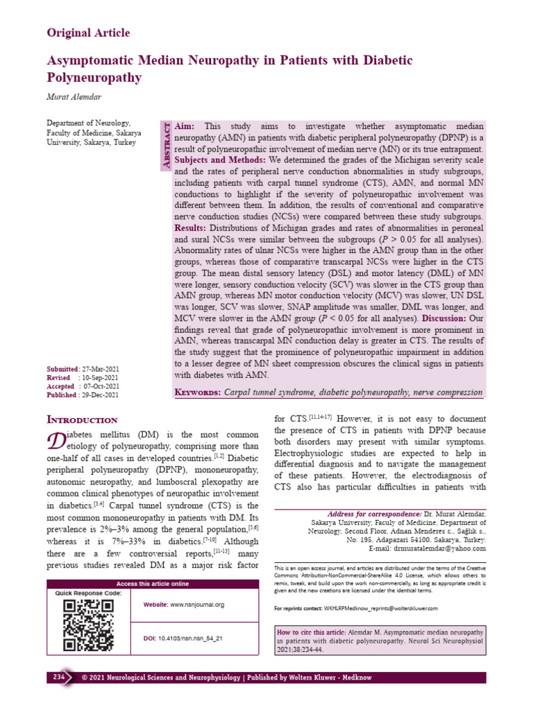 Asymptomatic Median Neuropathy in Patients With.5 | PDF | Peripheral ...