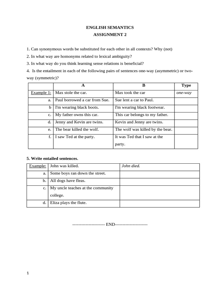 English Semantics - Assignment 2 | PDF