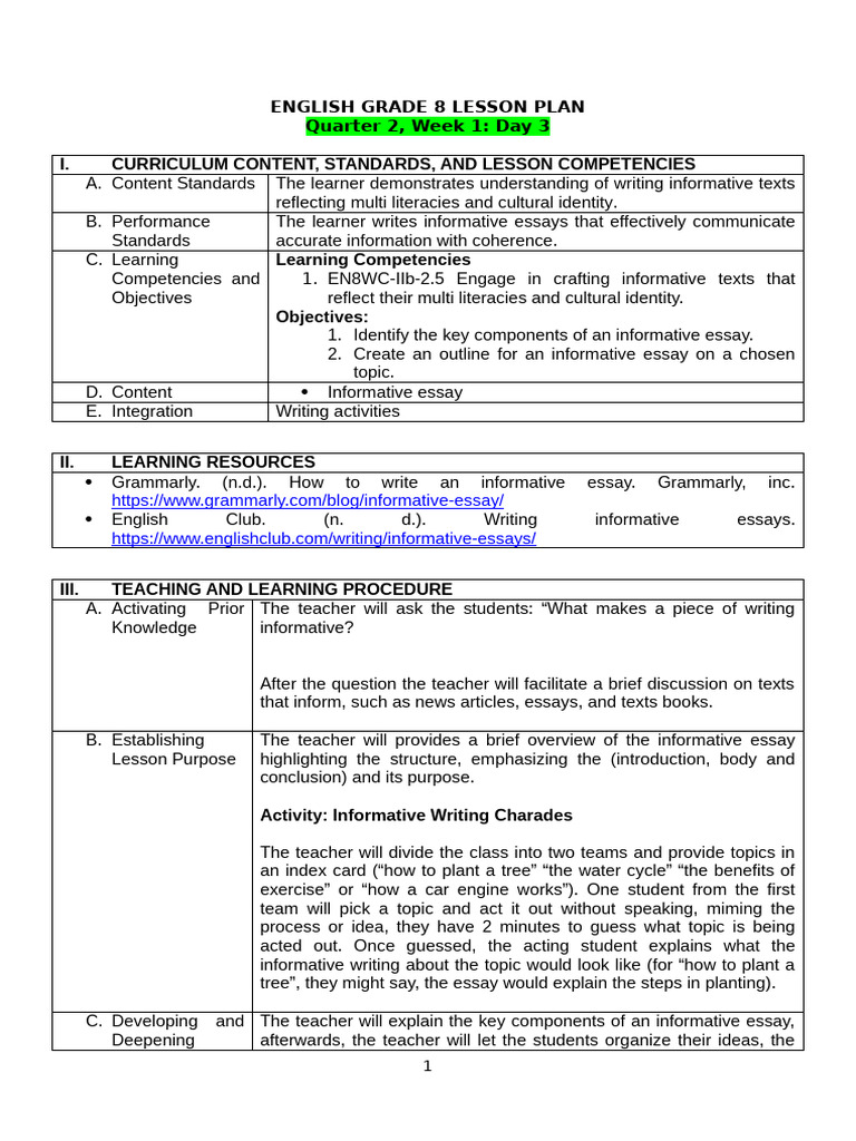 ENG8-LESSON EXEMPLAR Ma'am V | PDF | Essays | Learning