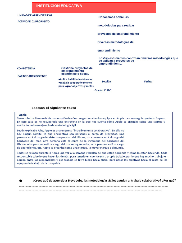 Ficha de Actividad S2 (U1) Ciclo VI (1°2°) - EPT | PDF | Scrum (desarrollo de software) | Apple Inc.