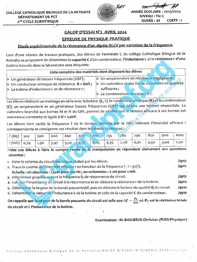 Physique Pratique TleC BAC Blanc College Retraite Mai 2024 | PDF