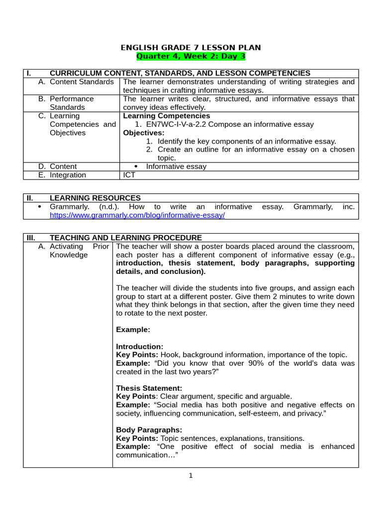 Eng7 Lesson Plan Q4.2 | PDF | Essays | Lesson Plan